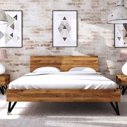 Pharao24.de Doppelbett aus Wildeiche Massivholz und Stahl Loft Design