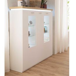 Pharao24.de Highboard Vitrine in Weiß und Wildeiche Optik LED Beleuchtung