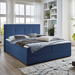 Pharao24.de Stauraum Polsterbett in Blau Webstoff 118 cm hoch