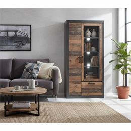 Pharao24.de Schrank Vitrine in Dunkelgrau und Altholz Optik Loft Design