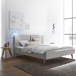 Pharao24.de Breites Bett 140x200 cm aus Webstoff und Eiche Massivholz Skandi Design