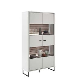 Pharao24.de Vitrinenschrank wei&szlig; modern R&uuml;ckwand Wildeiche Holzoptik 185 cm hoch