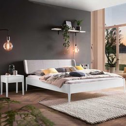 Pharao24.de Doppelbett massiv Buche weiss in modernem Design Polsterkopfteil in Grau