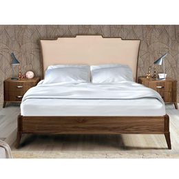Pharao24.de Exklusives Design Bett Nussbaum furniert gepolstertem Kopfteil in Beige (dreiteilig)