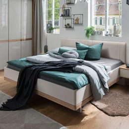 Pharao24.de Design Bett in Beige und Eiche Bianco gepolstertem Kopfteil