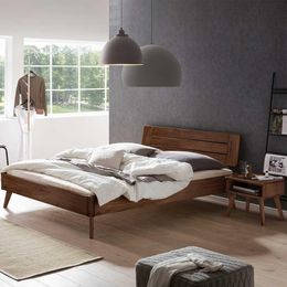 Pharao24.de Nussbaum massiv Doppelbett mit 80 cm Kopfteil auch mit Nachtkommoden