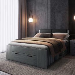 Pharao24.de Modernes Stauraum Bett in Eiche Grau und Schwarz 146 cm breit