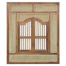 Pharao24.de Spiegel mit Fenster aus Teak Massivholz Rattan Geflecht