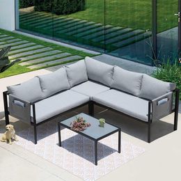 Pharao24.de Lounge Outdoor Ecksofa in Grau und Schwarz inklusive Tisch (zweiteilig)
