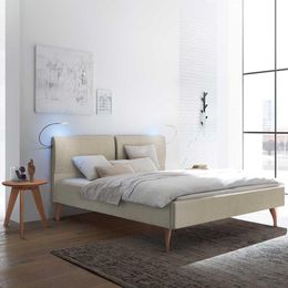 Pharao24.de Doppel Bett Stoff Beige im Skandi Design Vierfu&szlig;gestell aus Holz