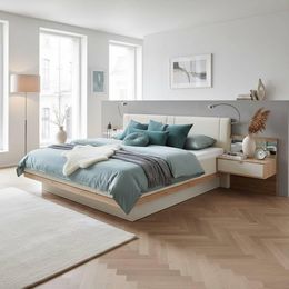 Pharao24.de Doppelbett und Nachttische in Beige und Eiche Bianco LED Beleuchtung (dreiteilig)