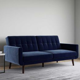 Pharao24.de Ausklappbares Sofa Retro in Blau Samt Fu&szlig;gestell aus Holz