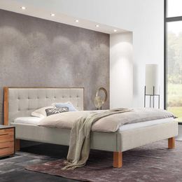 Pharao24.de Gepolstertes Bett Beige Stoff mit Vierfu&szlig;gestell aus Holz Skandi Design