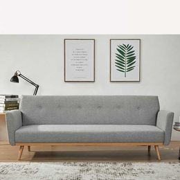 Pharao24.de Funktions Sofa in Hellgrau und Holz Naturfarben Rücken Klappmechanik