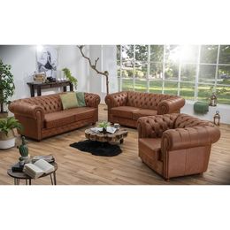 Pharao24.de Chesterfield Polstergarnitur aus Echtleder Cognac Braun (dreiteilig)