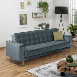 Pharao24.de Bettsofa Retrostil in Blaugrau Samtvelours R&uuml;cken Klappmechanik