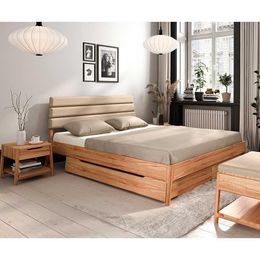 Pharao24.de Bett mit Polsterkopfteil in Beige Kernbuche Massivholz