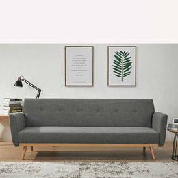 Pharao24.de Dreisitzer Sofa in Dunkelgrau und Holz Naturfarben R&uuml;cken Klappmechanik