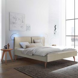 Pharao24.de Doppel Bett Stoff Beige im Skandi Design Vierfu&szlig;gestell aus Holz