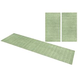 Bettumrandung Theko "Gabbeh Uni, Handweb Teppich, meliert, reine Wolle" Gr. 14, gr&uuml;n, H:14mm, Obermaterial: 100% Wolle, Bettumrandungen, Bettvorleger, Uni-Farben, handgewebt, L&auml;ufer-Set, Schlafzimmer