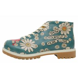 Stiefel DOGO "Shortcut Boots Hedge-Hug Damen Stiefeletten, Shortcut Boots", Damen, Gr. 36, Normalschaft, blau (blau, beige), Lederimitat, Schuhe Stiefel, Handgefertigt