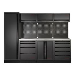 Kraftwerk 4-Element-Schrankwand mit Vierkantlochwand L&auml;nge 2640 mm rostfreien Arbeitsplatte (3964B-BLK-IX)