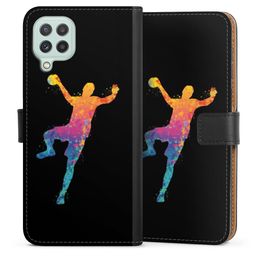 DeinDesign Galaxy A22 4G Handy Klapph&uuml;lle Handyh&uuml;lle aus Kunst Leder schwarz Flip Case Sports Colour Splash Handball Sideflip mit langer Lasche