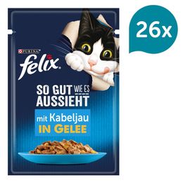 FELIX So gut wie es aussieht in Gelee mit Kabeljau Katzen-Nassfutter ohne künstliche Aroma- und Farbstoffe 26x85g