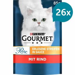 Gourmet Perle Erlesene Streifen in Sauce mit Rind Katzen-Nassfutter Alleinfuttermittel 26x85g