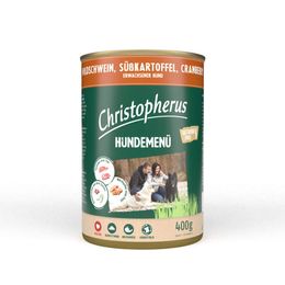 CHRISTOPHERUS Hundemen&uuml; mit Wildschwein, S&uuml;&szlig;kartoffel und Cranberry Hunde-Nassfutter getreidefrei 12x400g