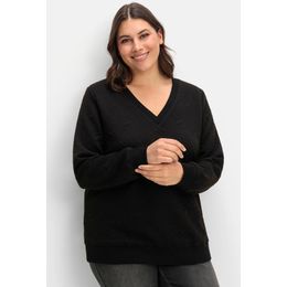 Sweatshirt sheego, Damen, Gr. 48/50, schwarz, 71% Polyester, 26% Viskose, 3% Elasthan, unifarben, V-Ausschnitt, Sweatshirts