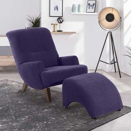 Pharao24.de Hochwertiger Sessel in Violett Velours Vierfu&szlig;gestell aus Holz