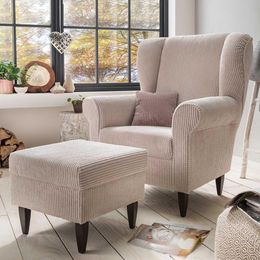 Pharao24.de Ohrensessel in Beige Cordstoff Hocker (zweiteilig)
