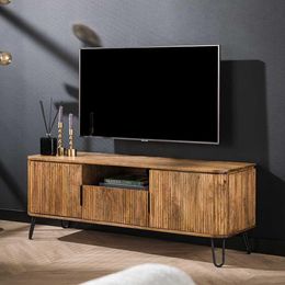 Pharao24.de Modernes TV Lowboard aus Mangobaum Massivholz lackiert Metallgestell