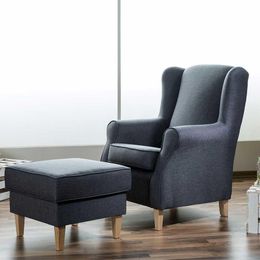 Pharao24.de Wohnzimmer Sessel in Blau und Buchefarben auch mit Hocker lieferbar