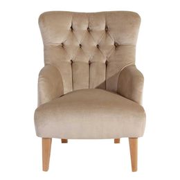 Pharao24.de Sessel Samtvelours Beige im Vintage Look Vierfu&szlig;gestell aus Holz