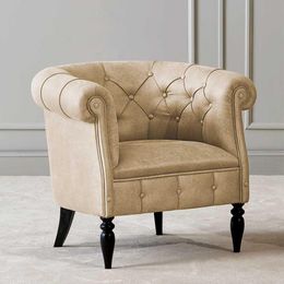 Pharao24.de Chesterfield Sessel in Beige und Schwarz Vierfußgestell aus Holz