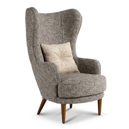 Pharao24.de Kaminsessel Beige Grau aus Boucle Stoff Vierfu&szlig;gestell aus Holz
