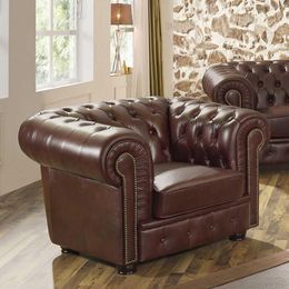 Pharao24.de Chesterfield Clubsessel Leder in Braun Vierfußgestell aus Holz