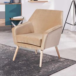 Pharao24.de Sessel Beige Samtvelours im Retrostil Vierfu&szlig;gestell aus Holz