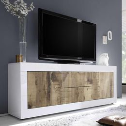 Pharao24.de Modernes TV Sideboard in Weiß & Holz verwittert 210 cm breit