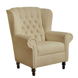 Pharao24.de Chesterfield Ohrensessel in Beige Flachgewebe Vierfu&szlig;gestell aus Holz