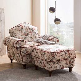 Pharao24.de Sessel und Hocker gebl&uuml;mt im Vintage Look 110 cm breit (zweiteilig)