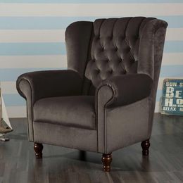 Pharao24.de Brauner Samtvelours Sessel im Chesterfield Look Vierfu&szlig;gestell aus Holz