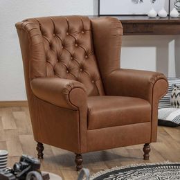 Pharao24.de Leder Ohrensessel in Cognac Braun Chesterfield Look