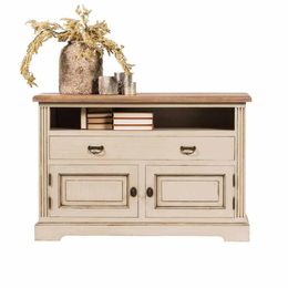 Pharao24.de TV Board in Creme Wei&szlig; Teakholz furniert
