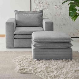 Pharao24.de Sessel mit Hocker Cord in Hellgrau 110 cm breit (zweiteilig)