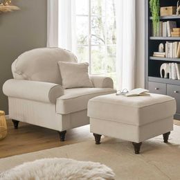 Pharao24.de Sessel & Hocker Beige im Vintage Look Microfaser und Buchenholz (zweiteilig)