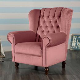 Pharao24.de Samt Wohnzimmersessel rosa mit Federkern Polsterung Chesterfield Look