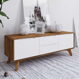 Pharao24.de Niedrige Kommode in Wei&szlig; und Wildeiche Griffmulden